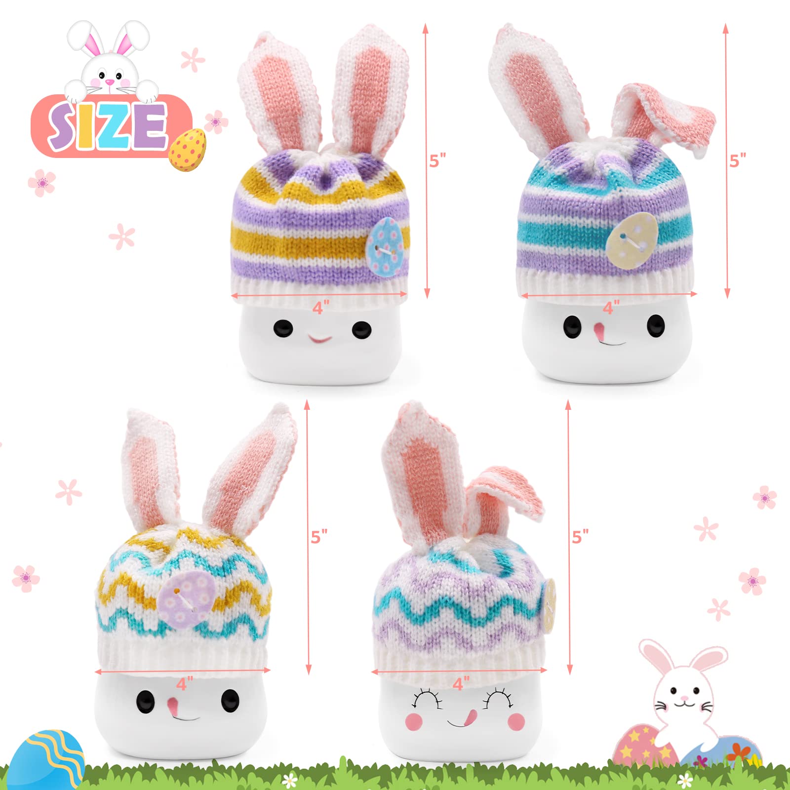 Vansolinne Easter Marshmallow Mug Hats Strip and Wavy Bunnies Crochet Ceramic Cup Toppers Mini Rabbit Mug Hat Cover Spring Kitchen Tiered Tray Decoration Baubles Eggs Holiday Celebration Decor 4PCS