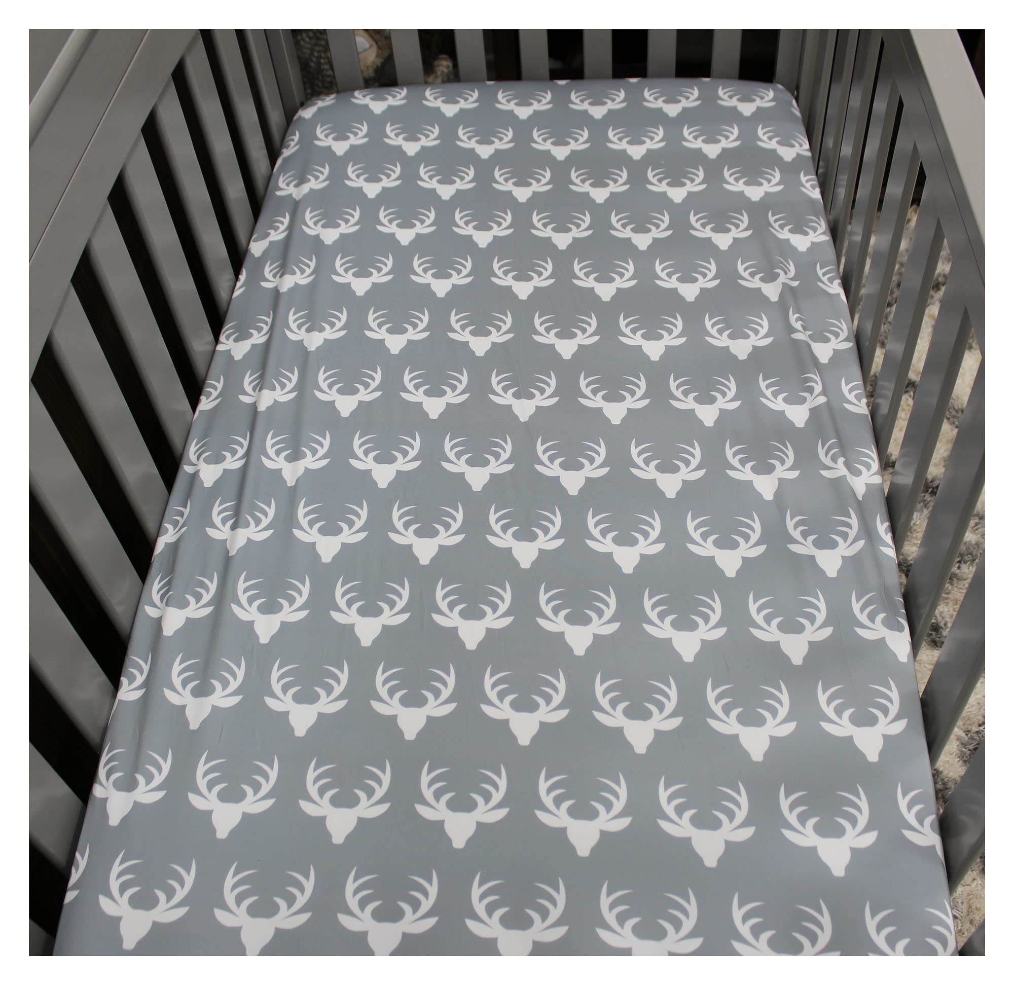 Dear Baby Gear Deluxe Crib Sheet Cotton Polyester Baby Crib Sheets, Soft Machine-Washable Crib Mattress Sheet - White Antler on Gray Print, 52"x28"x10"