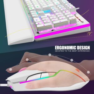 redthunder k10 wired gaming keyboard and mouse and wrist rest combo, rgb backlit, mechanical feel anti-ghosting keyboard + 7d 7200 dpi mice+soft leather wrist rest 3 in 1 pc gamer accessories(white)