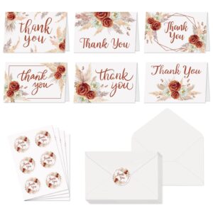 levfla floral boho thank you cards 36 pack watercolor pampas grass appreciation cards tropical bohemian gift cards set for bridal shower baby shower weddings with envelopes and stickers