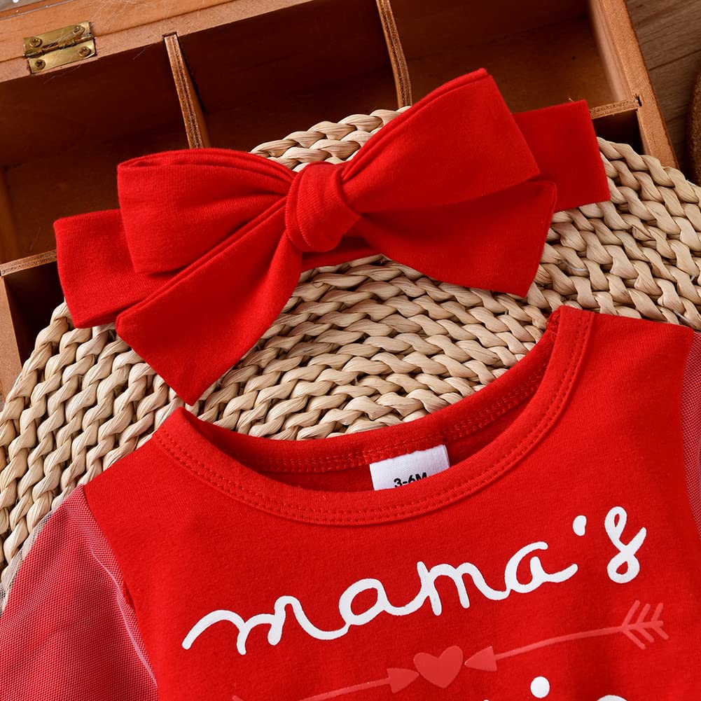 Infant Girls Dresses Double Tulle Long Sleeves Dresses+Bow Headband 3D Heart Applique Valentines Day Baby Clothes (Red Dress,3-6 Months)