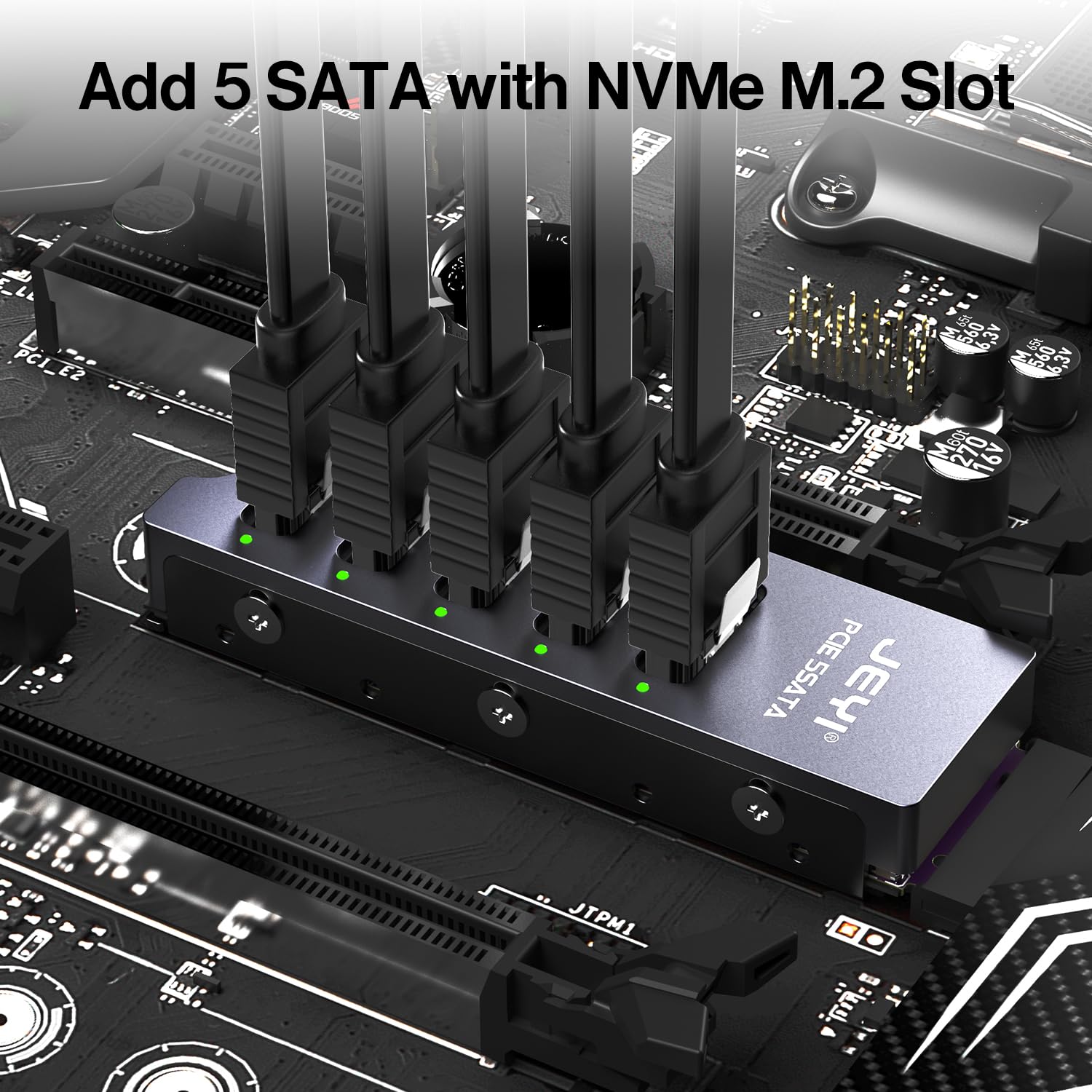 JEYI NVMe M.2 to 5 Sata Adapter, Internal 5 Port Non-RAID SATA III 6GB/s M.2 NVMe Adapter Card for Desktop PC Support SSD and HDD