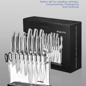 Aiheal 17PCS Stainless Steel Knife Set with Clear Knife Block, No Rust and Super Sharp Kitchen Knife Set in One Piece Design with Knife Sharpener for Kitchen, Steak Knives Set