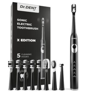 drdent x edition sonic electric toothbrush - 8 brush heads - 5 cleaning modes with smart timer - interdental and tongue cleaner brush head included - one charge lasts 60 days