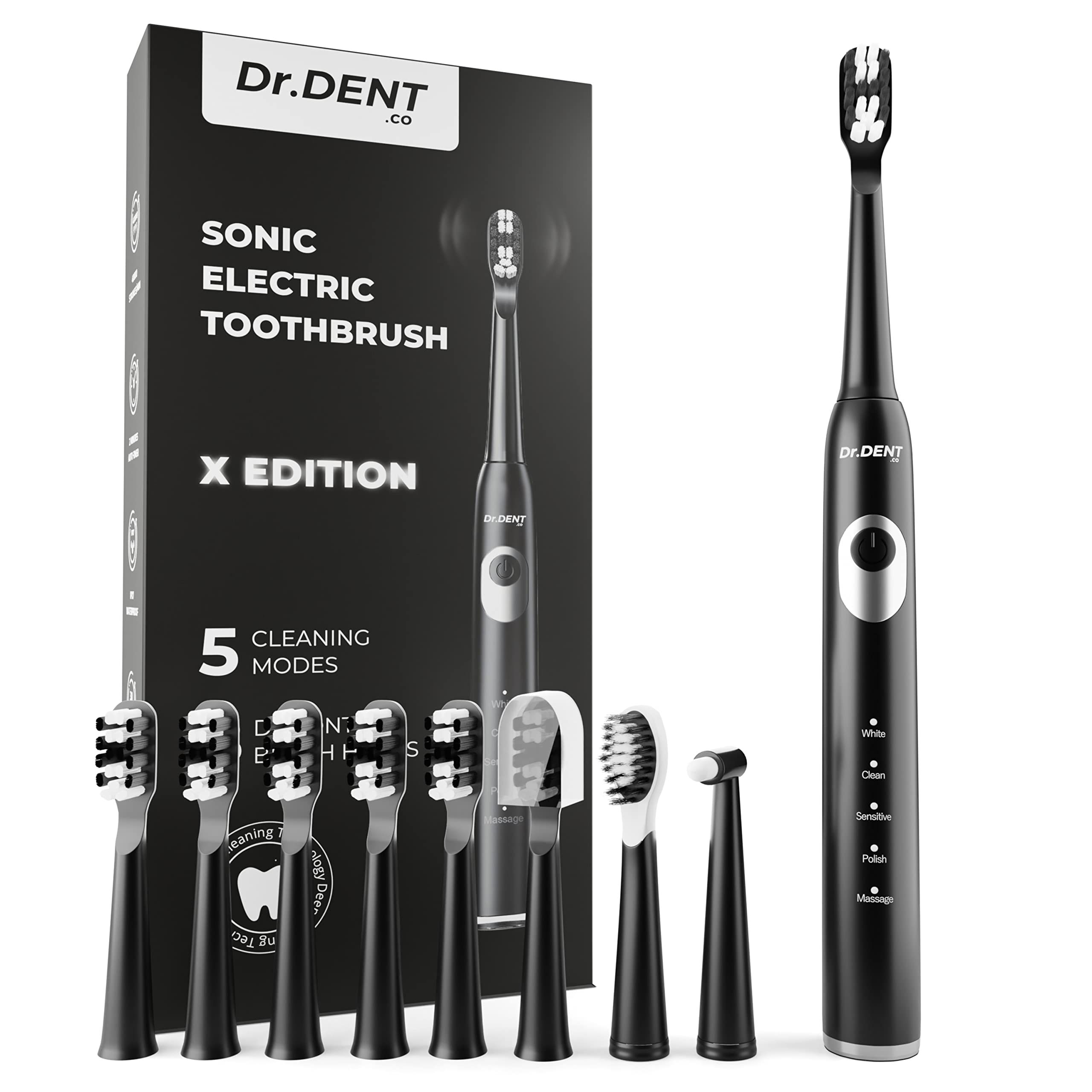 DrDent X Edition Sonic Electric Toothbrush - 8 Brush Heads - 5 Cleaning Modes with Smart Timer - Interdental and Tongue Cleaner Brush Head Included - One Charge Lasts 60 Days