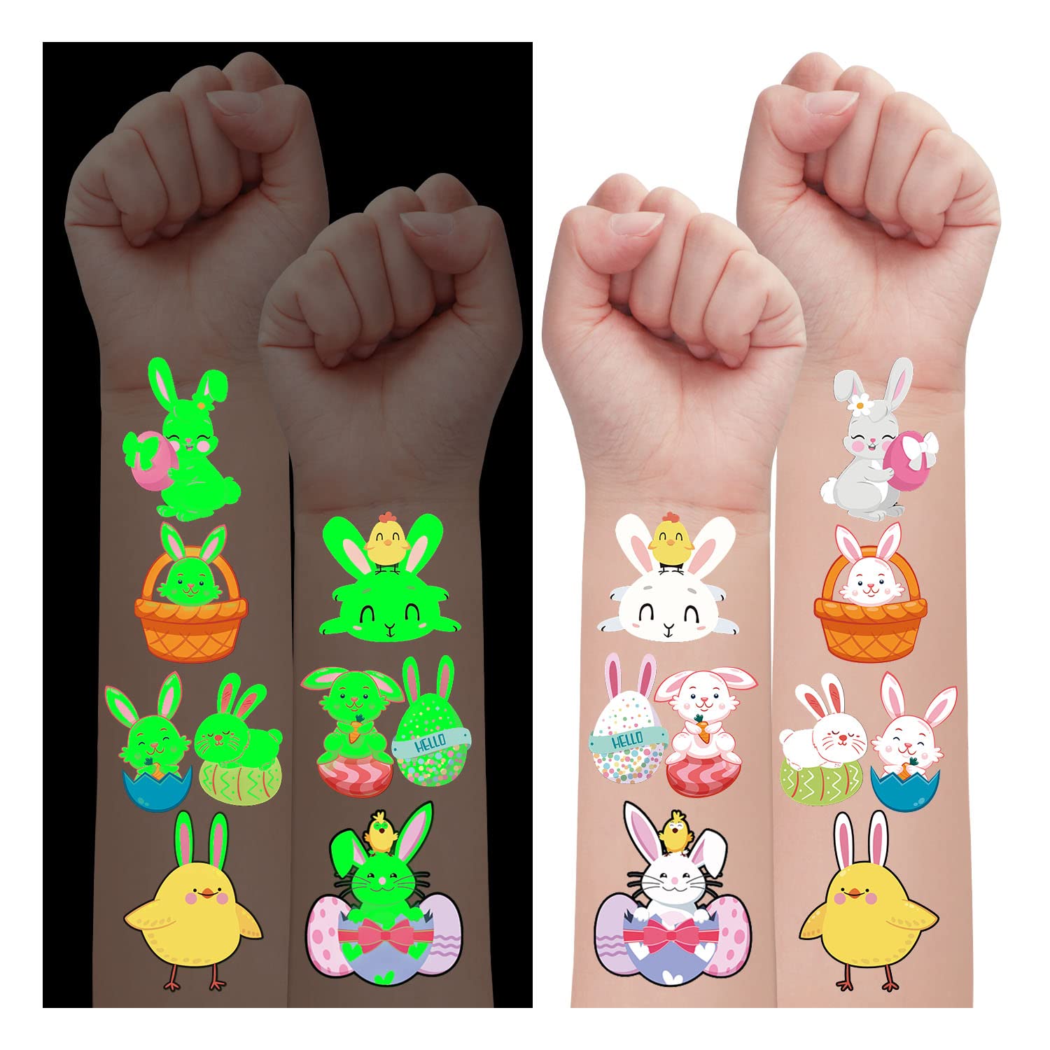 Partywind Luminous Easter Party Decorations, 24 Individually Wrapped Sheets Temporary Tattoos for Kids Easter Basket Stuffers, Easter Tattoo Stickers for Party Supplies