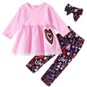 ritatte toddler girls valentine's day outfits solid color ruffle tunic tops love heart pants headband 3pcs fall winter clothes(pink, 3t)