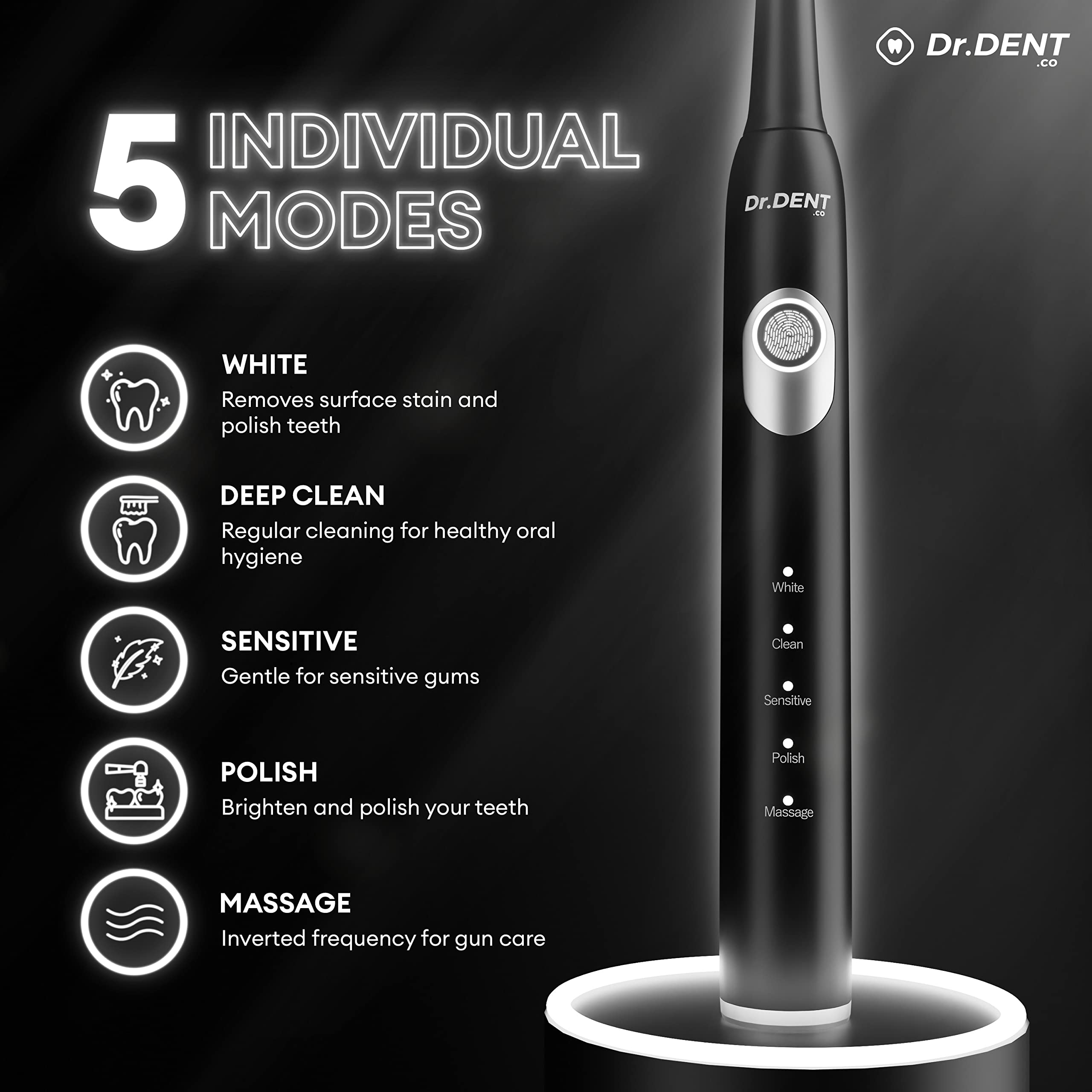 DrDent X Edition Sonic Electric Toothbrush - 8 Brush Heads - 5 Cleaning Modes with Smart Timer - Interdental and Tongue Cleaner Brush Head Included - One Charge Lasts 60 Days