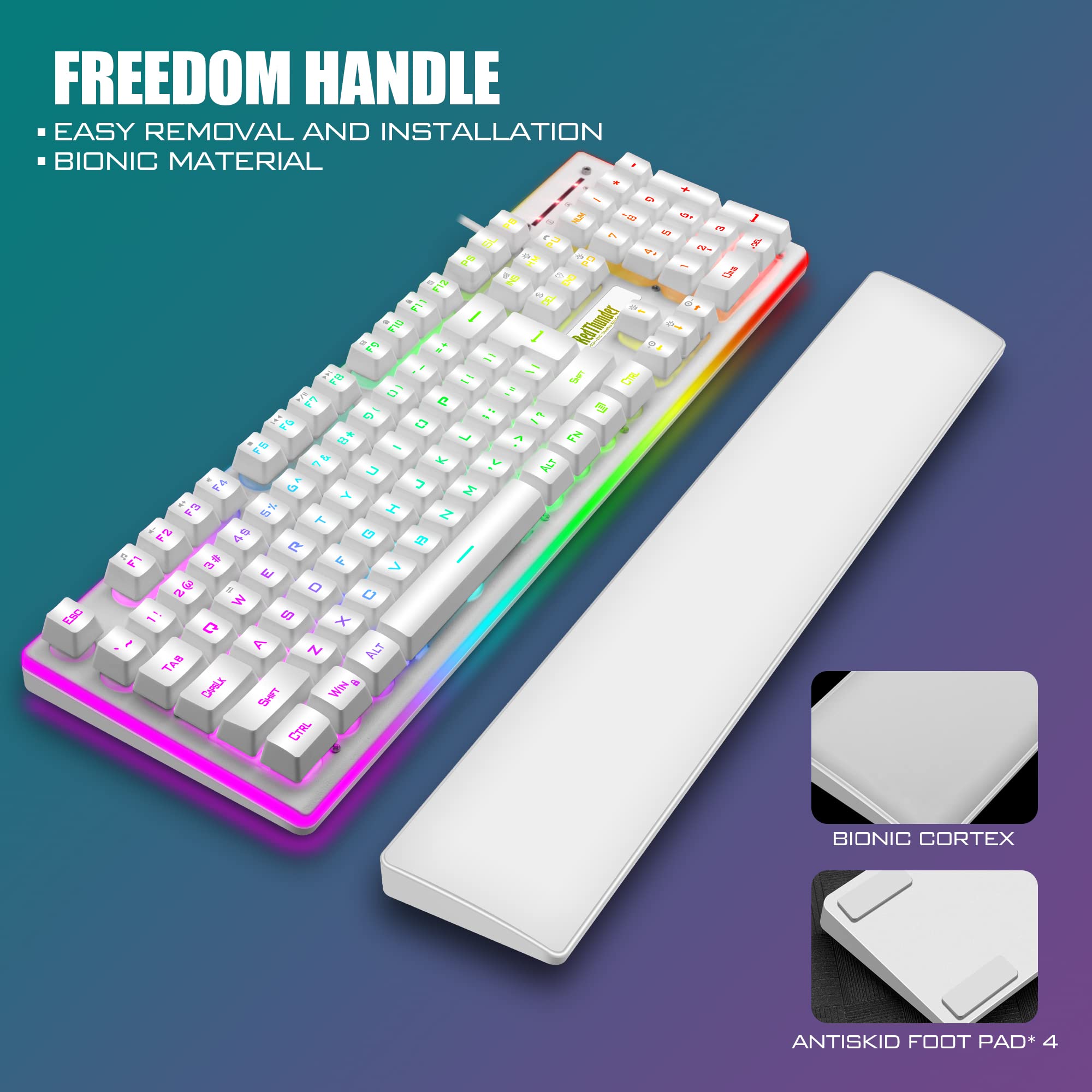 RedThunder K10 Wired Gaming Keyboard and Mouse and Wrist Rest Combo, RGB Backlit, Mechanical Feel Anti-ghosting Keyboard + 7D 7200 DPI Mice+Soft Leather Wrist Rest 3 in 1 PC Gamer Accessories(White)