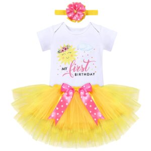 idopip sunshine one birthday outfit baby girls sunshine romper + ruffle tulle skirt + flower headband 3pcs party princess dress tutu clothes for cake smash photo shoot yellow sunshine - one 12 months