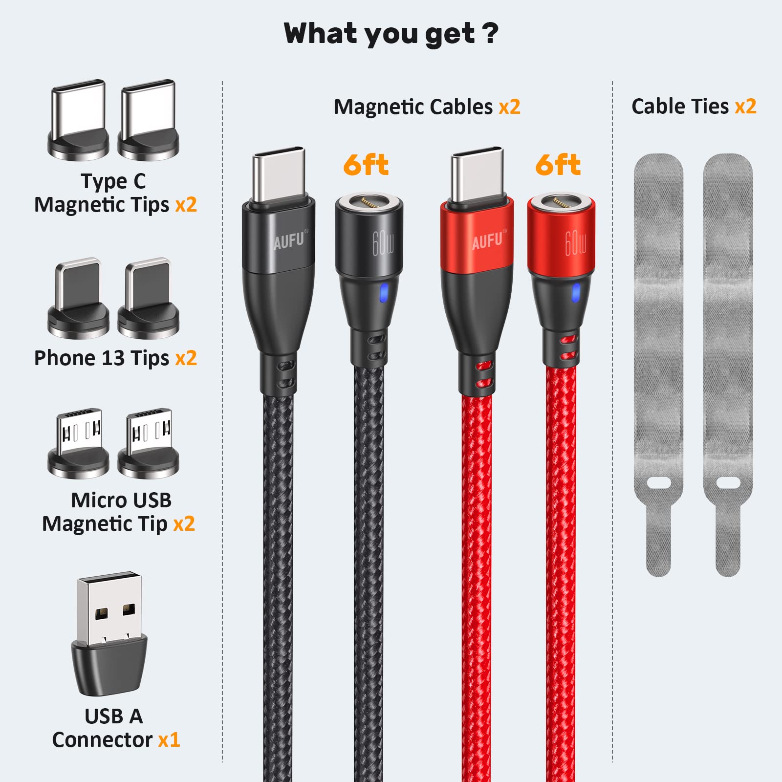 AUFU 6 in 1 USB A & Type C to C PD Fast Charging Magnetic Charging Cable [ 2Pack 6ft], 60W USB C to USB C Magnetic Fast Charger Cable Data Sync Magnetic Phone Charger Cable for Laptop Type C Micro