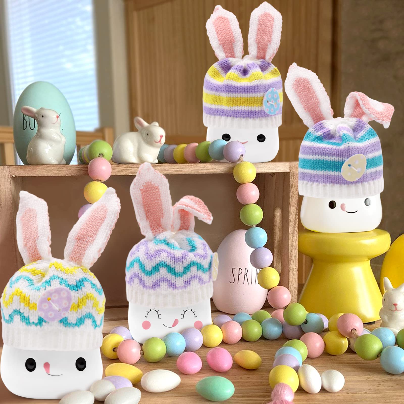 Vansolinne Easter Marshmallow Mug Hats Strip and Wavy Bunnies Crochet Ceramic Cup Toppers Mini Rabbit Mug Hat Cover Spring Kitchen Tiered Tray Decoration Baubles Eggs Holiday Celebration Decor 4PCS