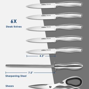 Aiheal 17PCS Stainless Steel Knife Set with Clear Knife Block, No Rust and Super Sharp Kitchen Knife Set in One Piece Design with Knife Sharpener for Kitchen, Steak Knives Set