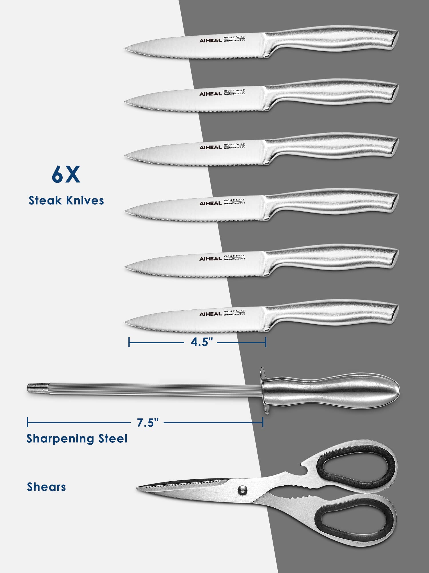 Aiheal 17PCS Stainless Steel Knife Set with Clear Knife Block, No Rust and Super Sharp Kitchen Knife Set in One Piece Design with Knife Sharpener for Kitchen, Steak Knives Set