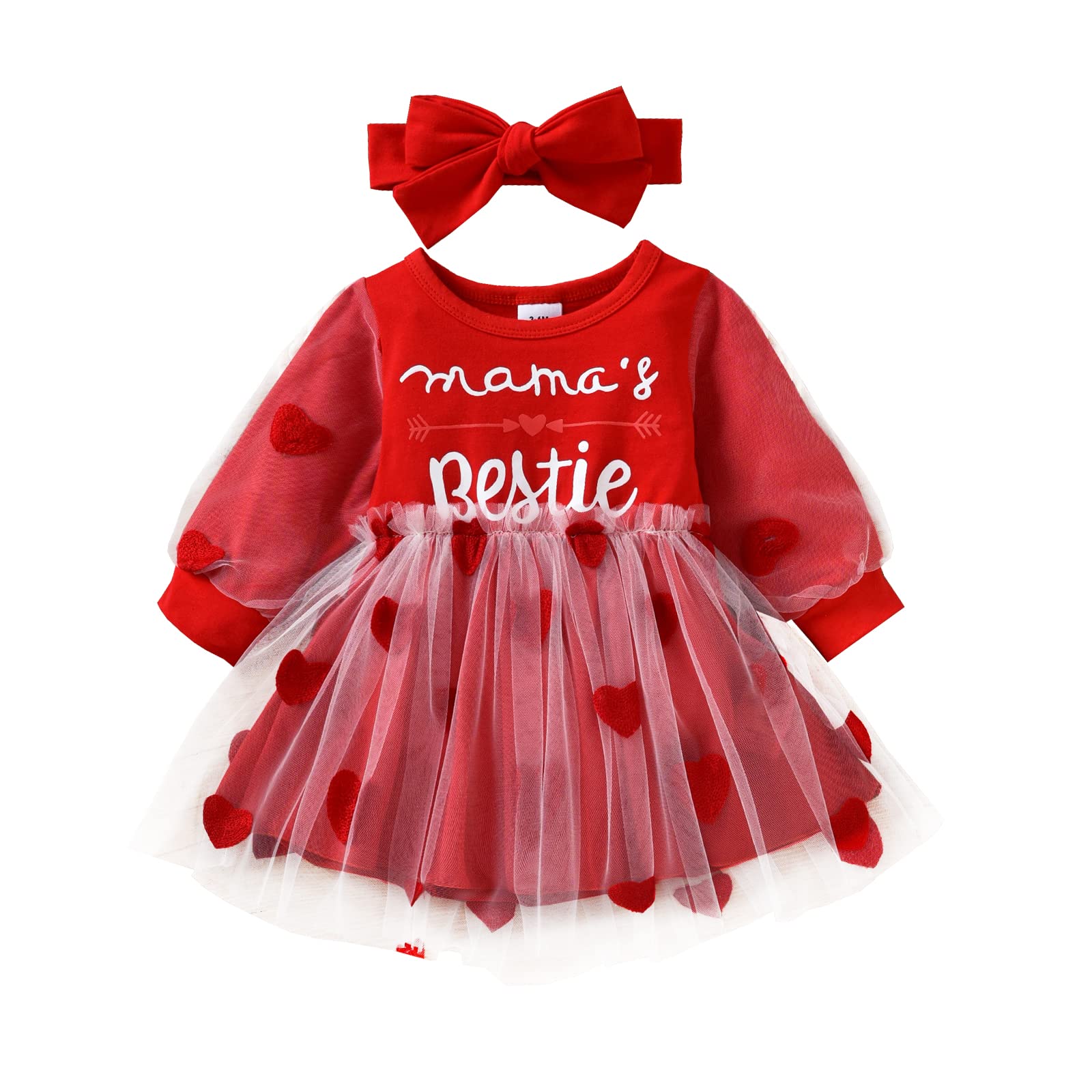 Infant Girls Dresses Double Tulle Long Sleeves Dresses+Bow Headband 3D Heart Applique Valentines Day Baby Clothes (Red Dress,3-6 Months)