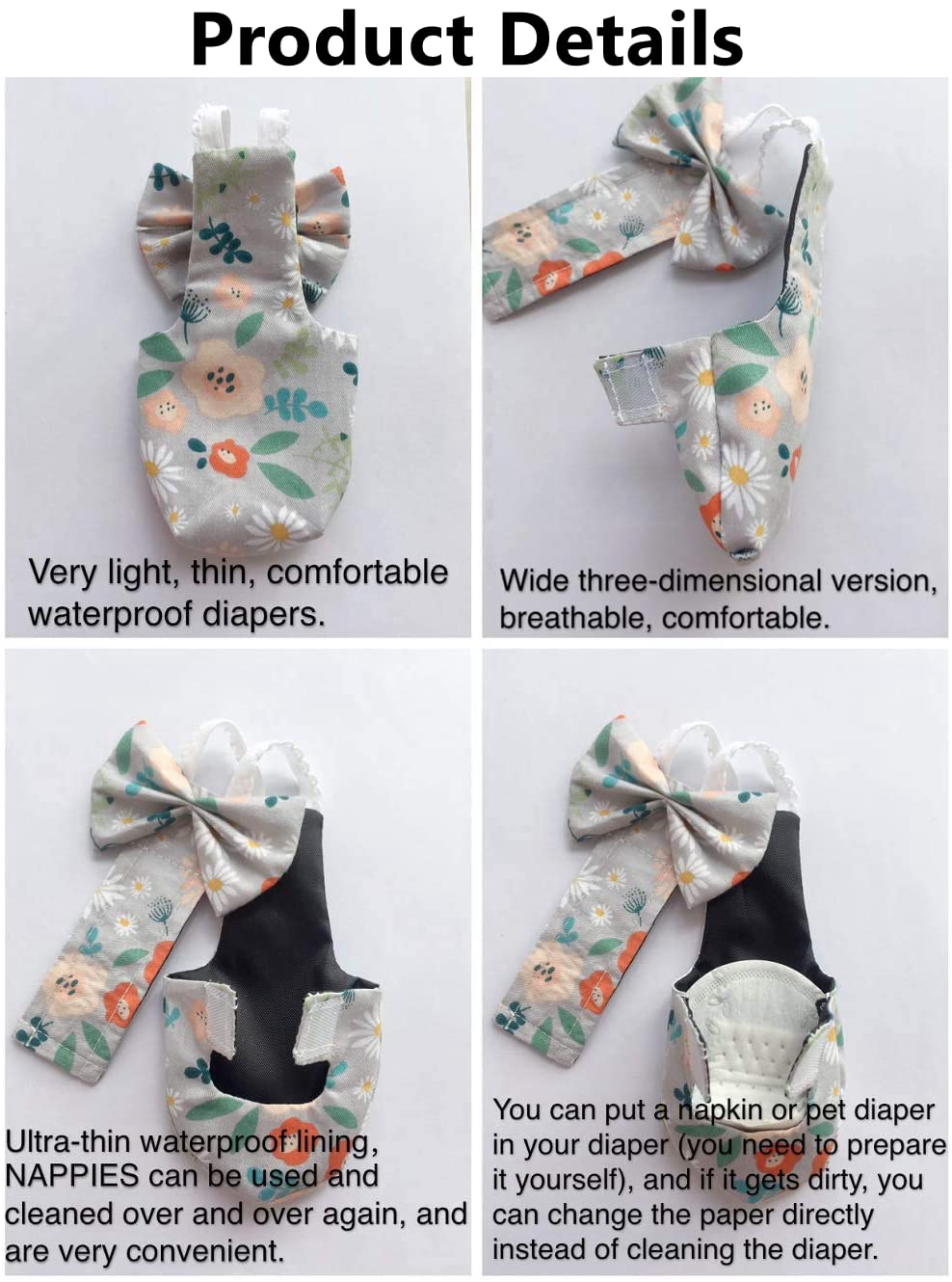 WCDJOMOP Duck Diapers, Chicken Diapers, Handmade Diapers for Poultry, Chicken, Duck and Goose Waterproof, Adjustable, Washable Reusable Diapers for Poultry, Duck Supplies (S(0.1kg-0.2kg),Floral)