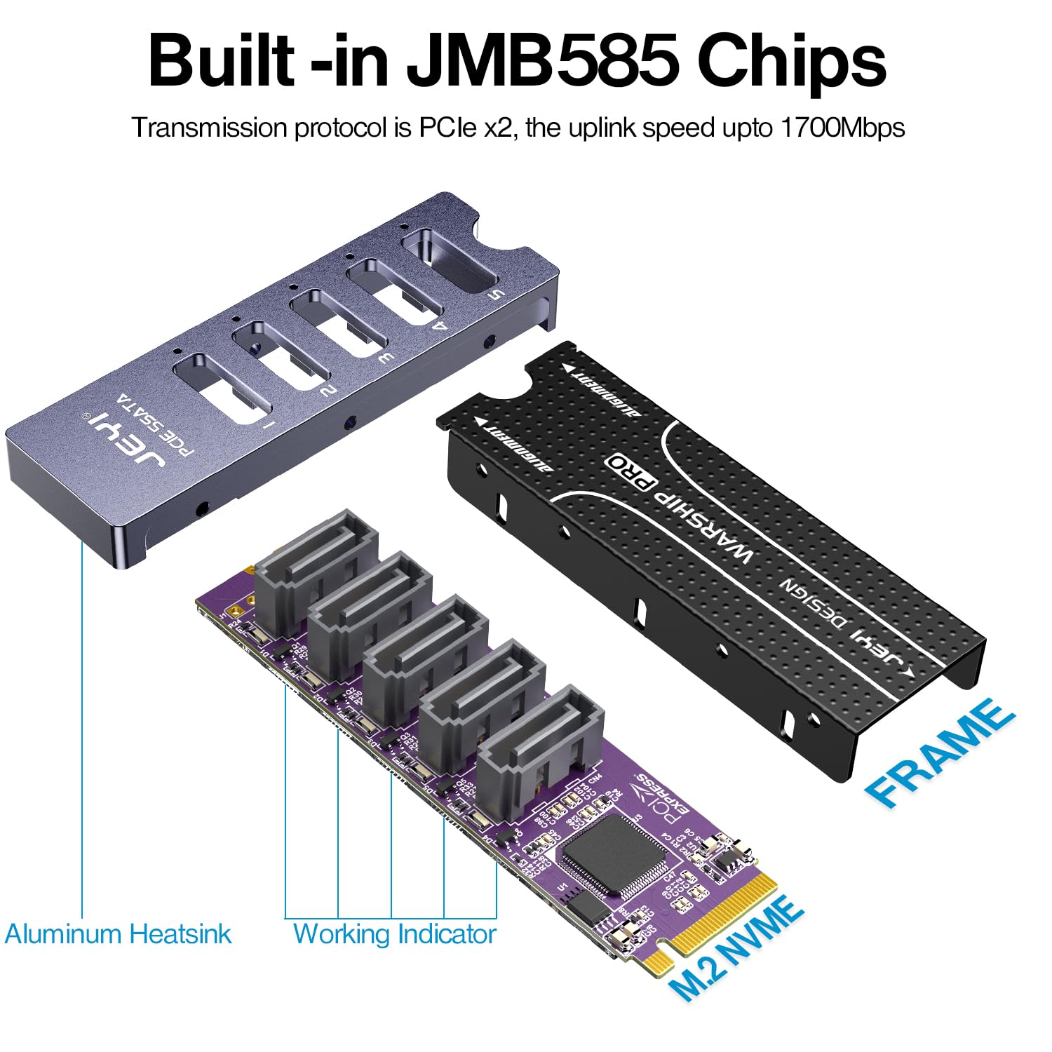 JEYI NVMe M.2 to 5 Sata Adapter, Internal 5 Port Non-RAID SATA III 6GB/s M.2 NVMe Adapter Card for Desktop PC Support SSD and HDD