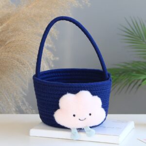 AkoMatial Cotton Rope Basket Sturdy Handle Storage Basket Lightweight Soft-Touching Dark Blue