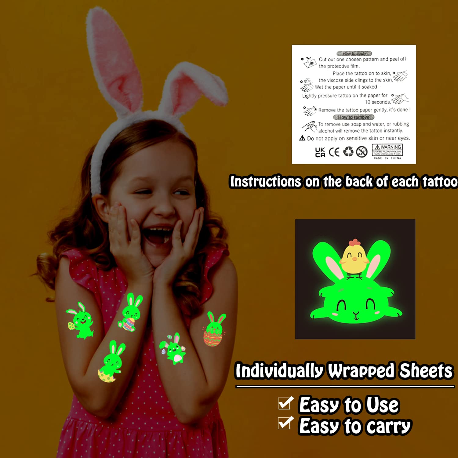 Partywind Luminous Easter Party Decorations, 24 Individually Wrapped Sheets Temporary Tattoos for Kids Easter Basket Stuffers, Easter Tattoo Stickers for Party Supplies