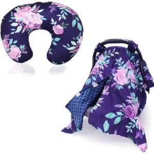 tanofar peekaboo openingcar seat cover for babies & nursing pillow cover, purple flower car seat canopy for boys girls, breastfeeding pillow slipcover, soft fabric fits snug on infant