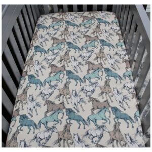 Dear Baby Gear Deluxe Crib Sheet Cotton Polyester Crib Sheets, Soft Machine-Washable Crib Mattress Sheet, Baby Bed Sheets - Tan Teal and Cream Horses on Natural Print, 52"x28"x10"