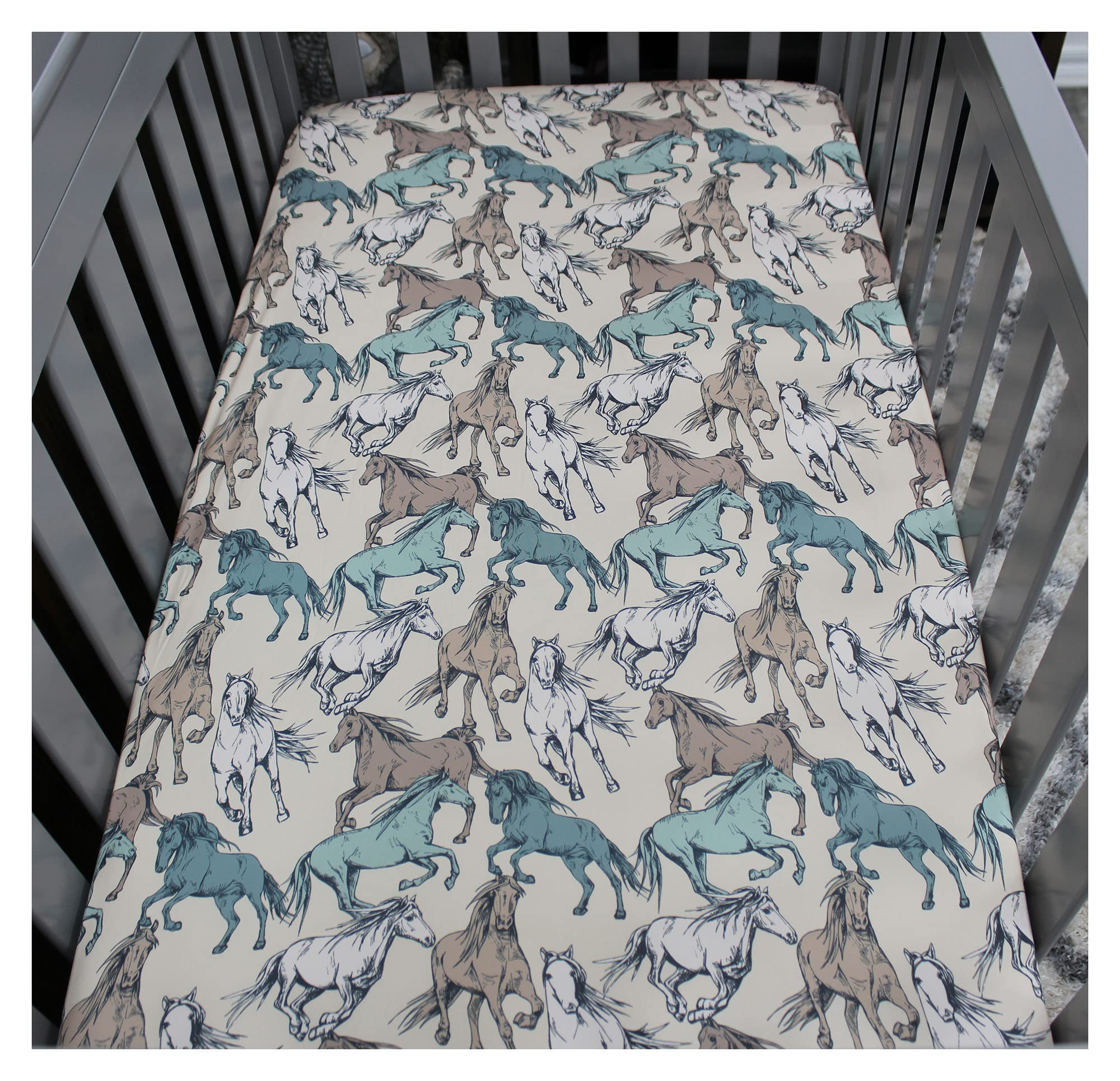 Dear Baby Gear Deluxe Crib Sheet Cotton Polyester Crib Sheets, Soft Machine-Washable Crib Mattress Sheet, Baby Bed Sheets - Tan Teal and Cream Horses on Natural Print, 52"x28"x10"