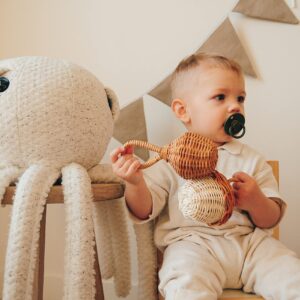 Neka Rattan Rattle | Montessori Handmade Ages 3 Months and Up, Baby Bear Brown, Shaker Rattle (Acorn)