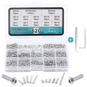 620pcs m3 hex socket head cap bolts screws and nuts assortment kit，304 stainless steel screws and nuts