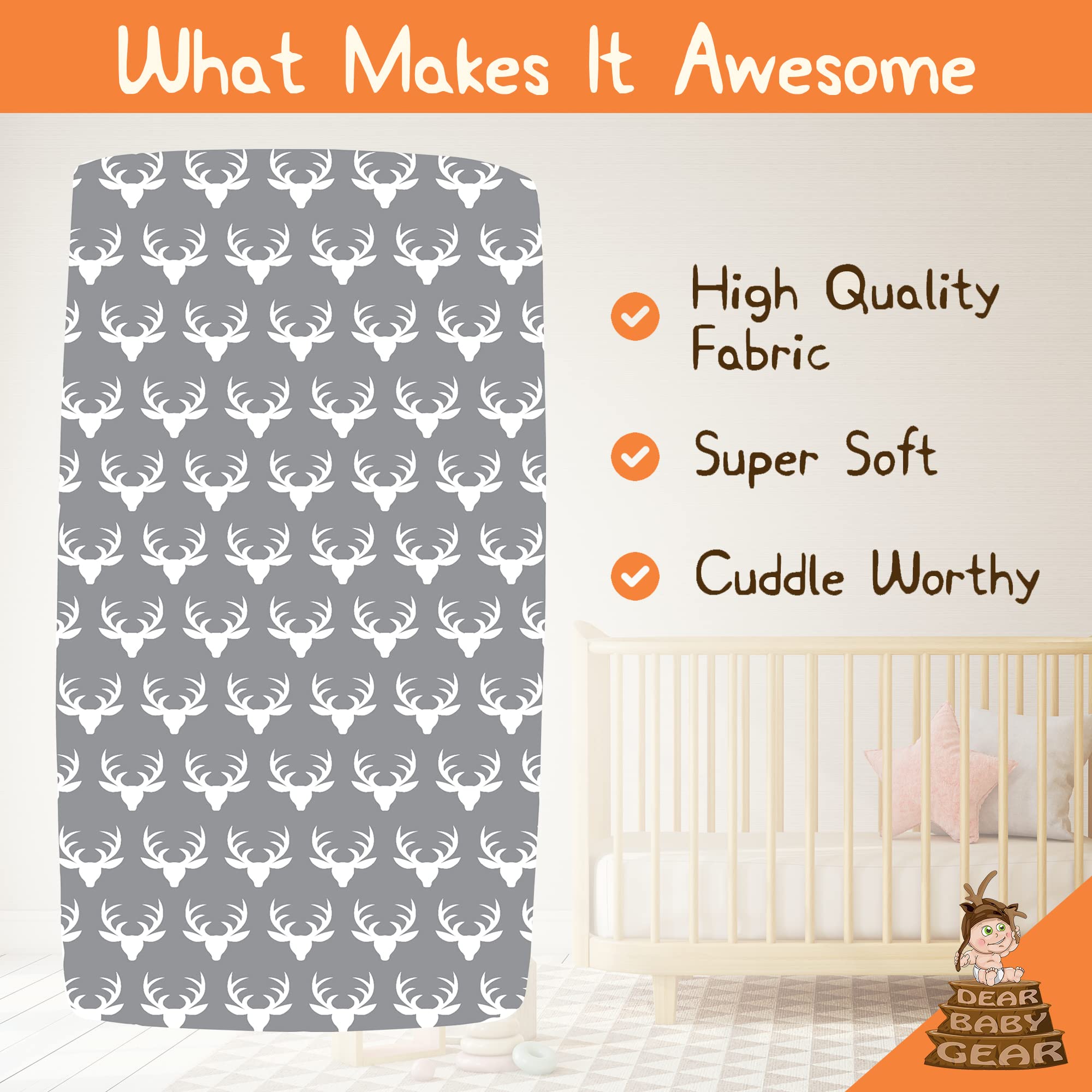 Dear Baby Gear Deluxe Crib Sheet Cotton Polyester Baby Crib Sheets, Soft Machine-Washable Crib Mattress Sheet - White Antler on Gray Print, 52"x28"x10"