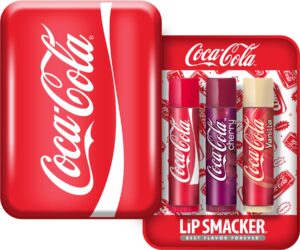 lip smacker coca-cola 3pc lip balm tin classic coke, cherry coke, and vanilla coke