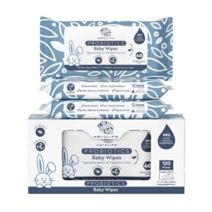 herolife large probiotics baby wipes for delicate & sensitive skin, plant-based, biodegradable, hypoallergenic & fragrance-free, formulated with plant-derived, probiotic ingredients (3 packs of 40 =