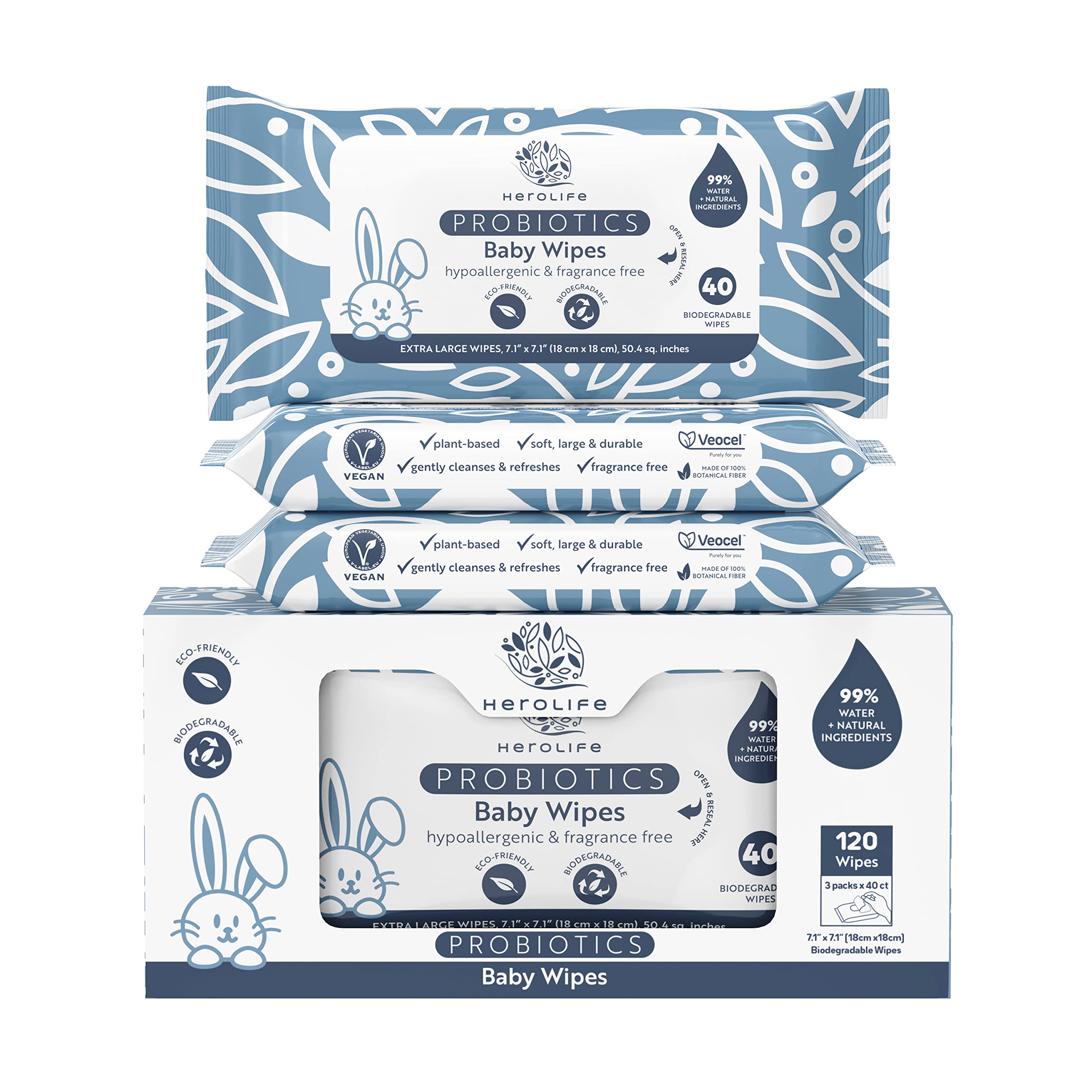 HEROLIFE Large Probiotics Baby Wipes for Delicate & Sensitive Skin, Plant-Based, Biodegradable, Hypoallergenic & Fragrance-Free, formulated with plant-derived, probiotic ingredients (3 packs of 40 =