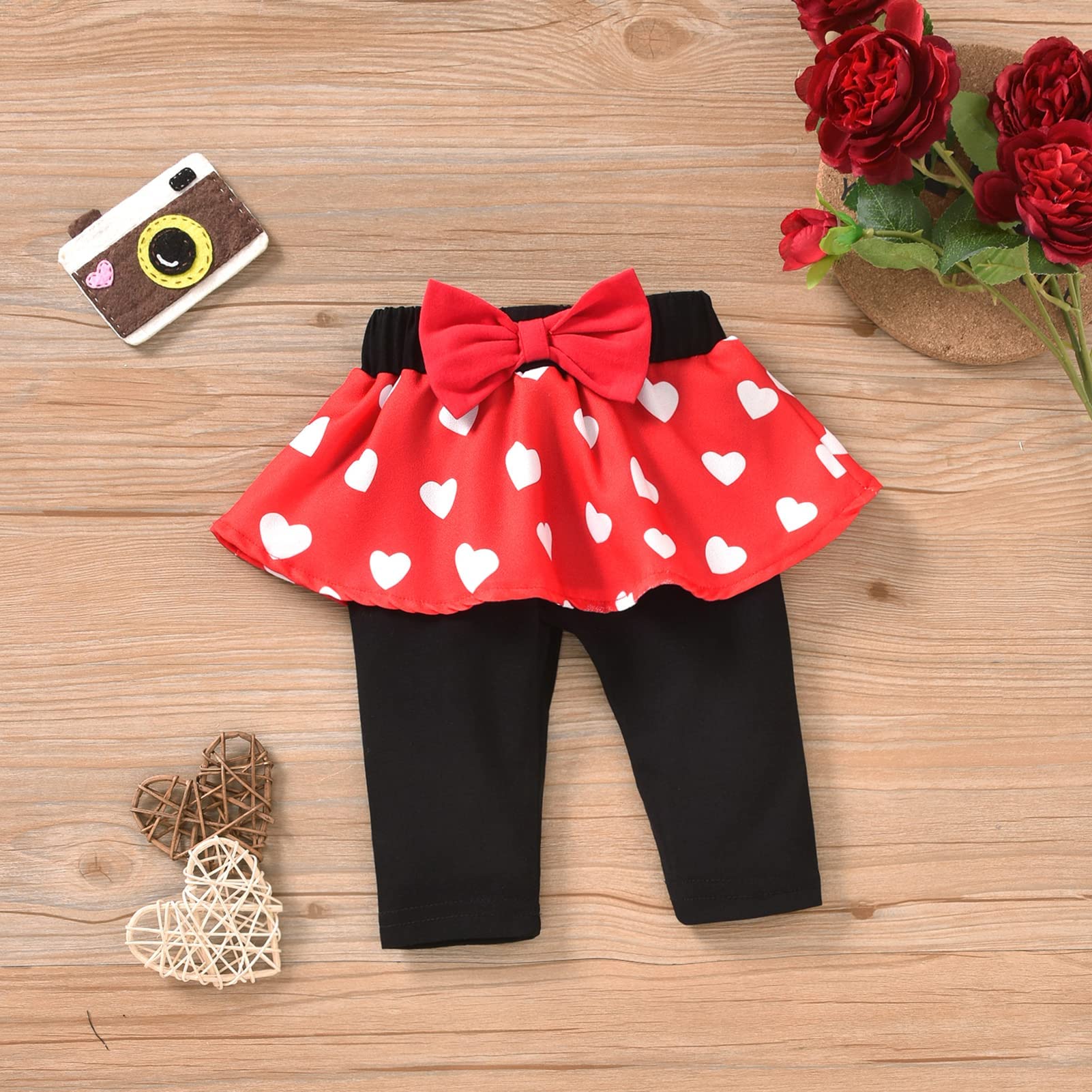 HINTINA Infant Baby Girl My First Valentine's Day Outfits Ruffles Long Sleeve Romper Heart Pants Headband Clothes Set(Black, 3-6M