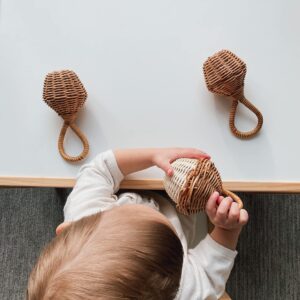 Neka Rattan Rattle | Montessori Handmade Ages 3 Months and Up, Baby Bear Brown, Shaker Rattle (Acorn)