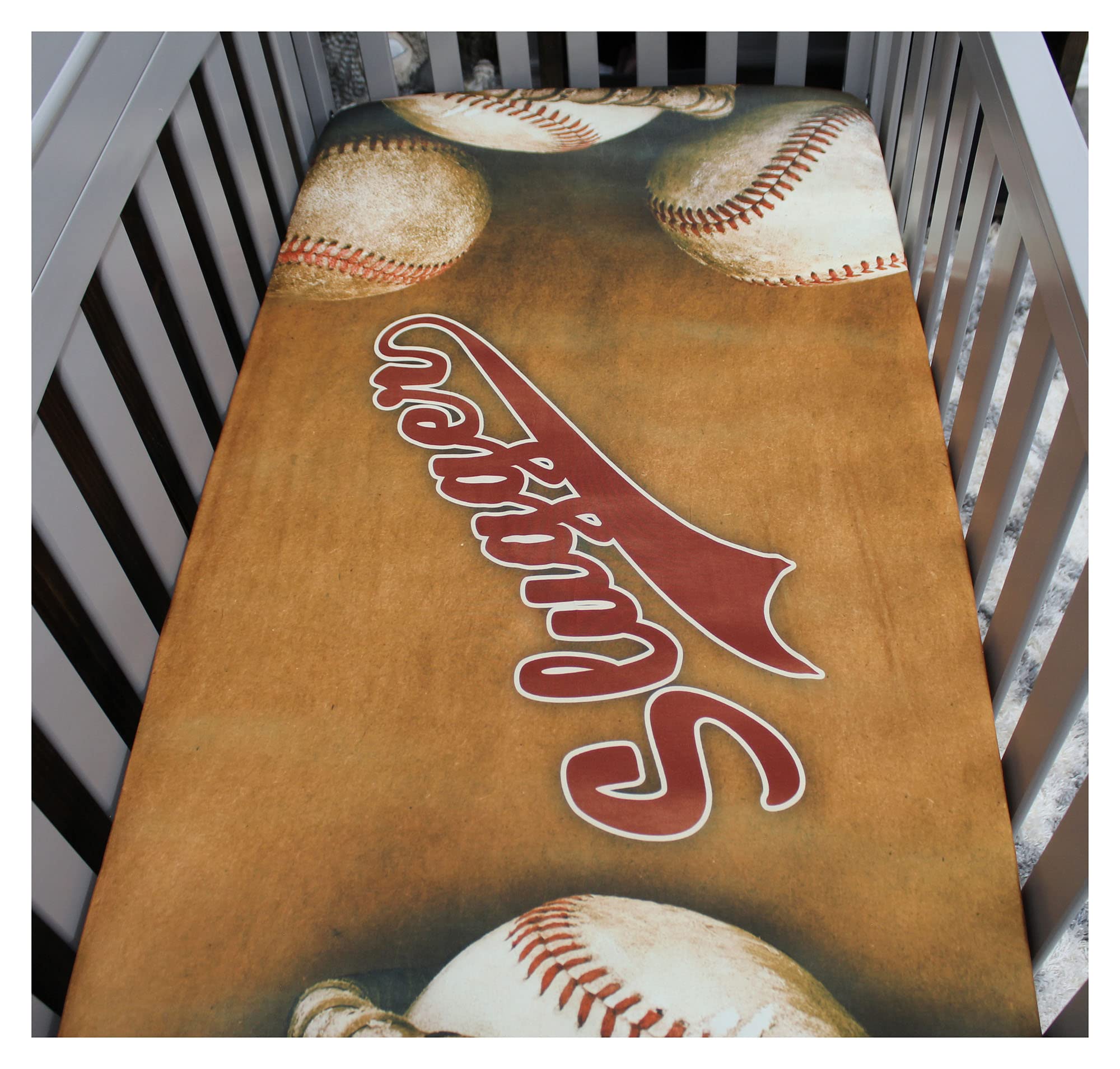 Dear Baby Gear Deluxe Crib Sheet Cotton Polyester Crib Sheets, Soft Machine-Washable Crib Sheet, Baby Bed Sheets - Slugger Baseball Glove and Baseballs on Brown Print, 52"x28"x10"