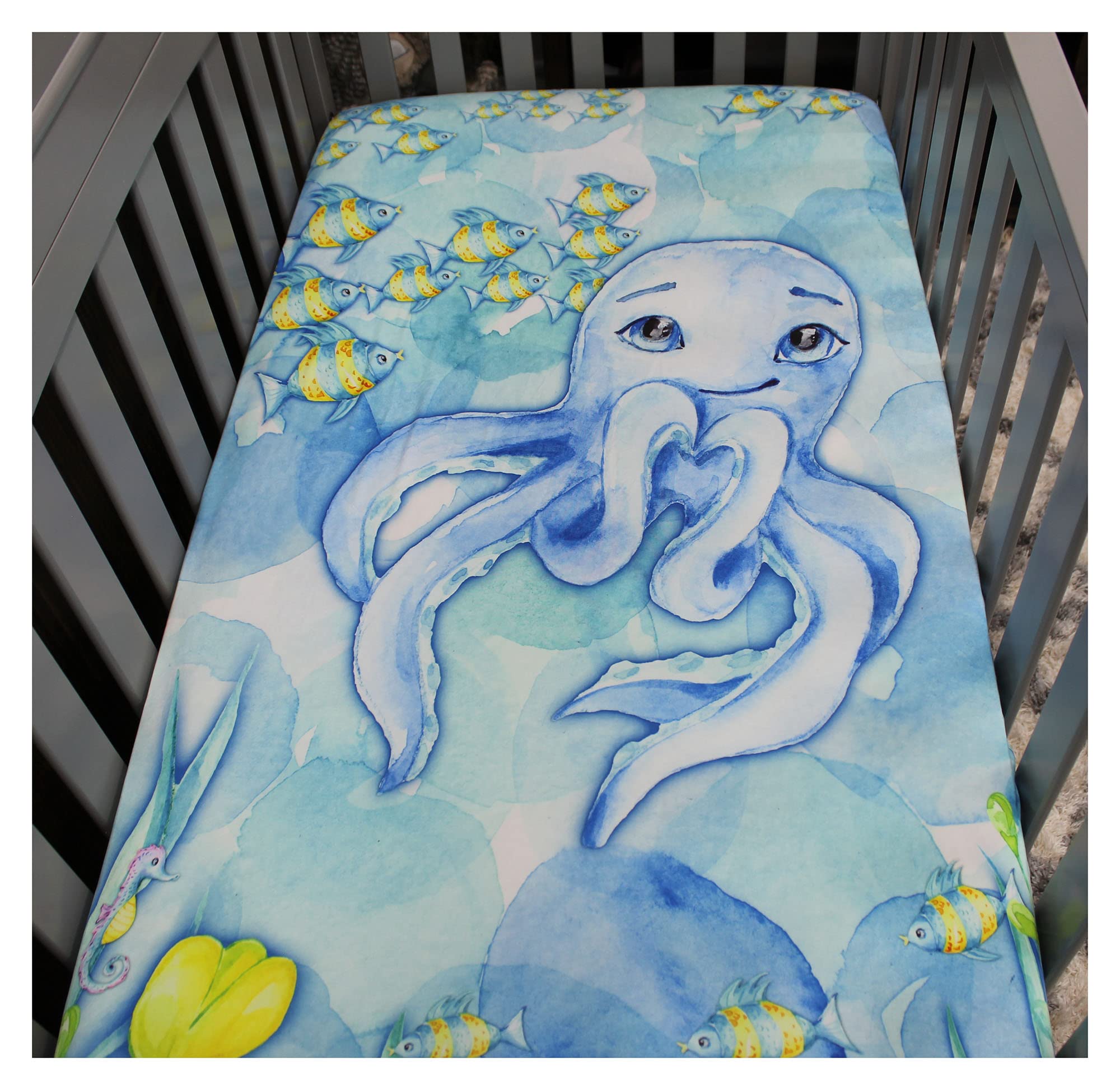 Dear Baby Gear Deluxe Crib Sheet Cotton Polyester Baby Crib Sheets, Soft Machine-Washable Crib Mattress Sheet - Octopus Under The Sea Ocean Bubbles and Sea Creatures, 52"x28"x10"