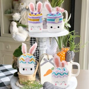 Vansolinne Easter Marshmallow Mug Hats Strip and Wavy Bunnies Crochet Ceramic Cup Toppers Mini Rabbit Mug Hat Cover Spring Kitchen Tiered Tray Decoration Baubles Eggs Holiday Celebration Decor 4PCS