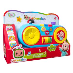 cocomelon dance and play boombox, 8 full songs, colors, animal sounds, numbers- educational music toys, carry n’ go handle, toys for kids and preschoolers