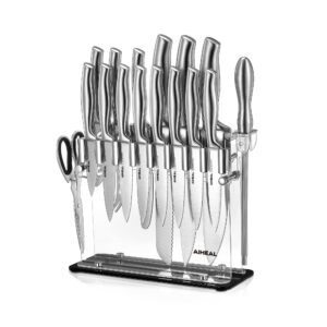 aiheal 17pcs stainless steel knife set with clear knife block, no rust and super sharp kitchen knife set in one piece design with knife sharpener for kitchen, steak knives set