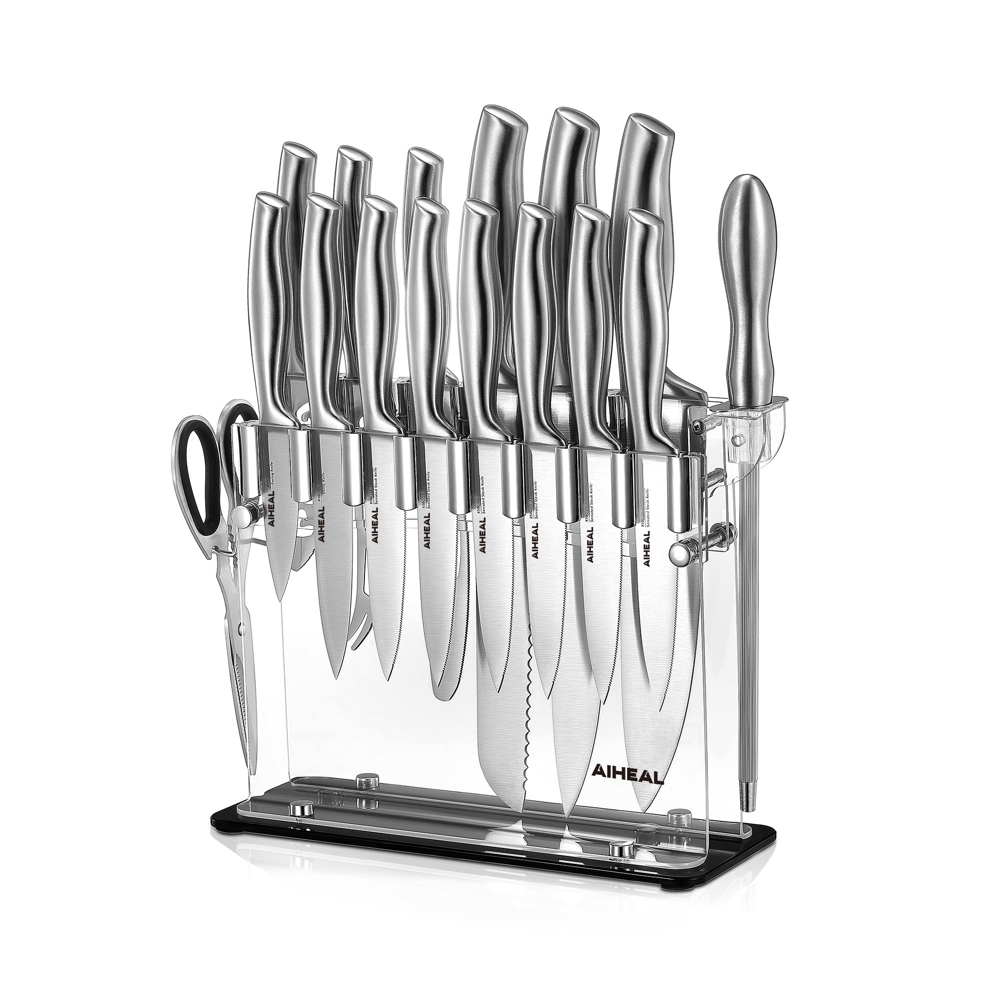 Aiheal 17PCS Stainless Steel Knife Set with Clear Knife Block, No Rust and Super Sharp Kitchen Knife Set in One Piece Design with Knife Sharpener for Kitchen, Steak Knives Set