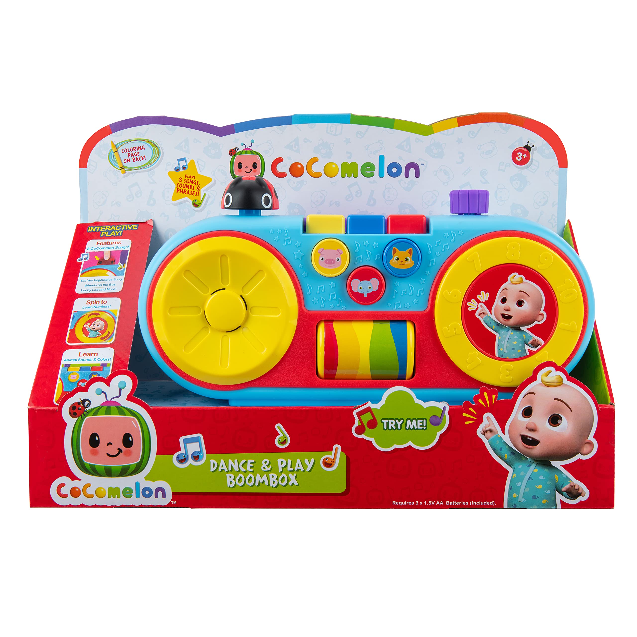 CoComelon Dance and Play Boombox, 8 Full Songs, Colors, Animal Sounds, Numbers- Educational Music Toys, Carry N’ Go Handle, Toys for Kids and Preschoolers