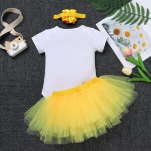 IDOPIP Sunshine One Birthday Outfit Baby Girls Sunshine Romper + Ruffle Tulle Skirt + Flower Headband 3PCS Party Princess Dress Tutu Clothes for Cake Smash Photo Shoot Yellow Sunshine - One 12 Months