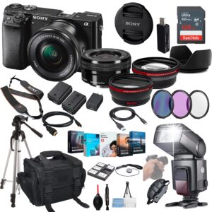 sony a6000 mirrorless camera with 16-50mm lens bundle - ilce6000l/b + prime accessory package including 128gb memory, ttl flash, extra battery, editing software package, auxiliary lenses & more