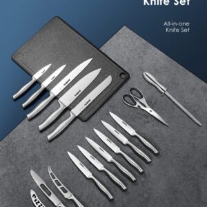 Aiheal 17PCS Stainless Steel Knife Set with Clear Knife Block, No Rust and Super Sharp Kitchen Knife Set in One Piece Design with Knife Sharpener for Kitchen, Steak Knives Set