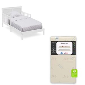 delta children collins wood toddler bed + simmons kids slumbertime naturally 2-stage premium foam crib and toddler mattress - waterproof - greenguard certified [bundle], bianca white