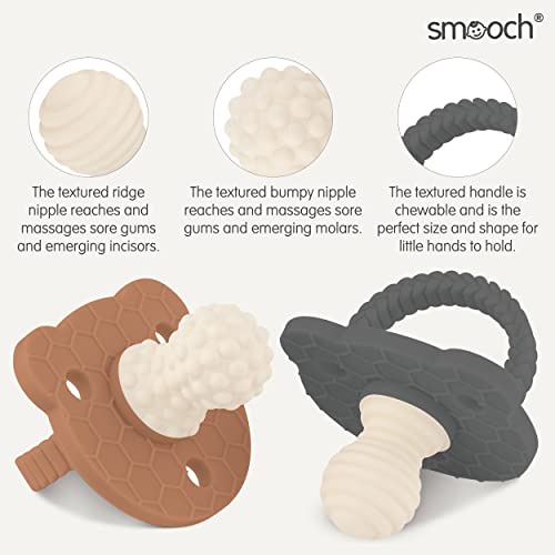 Soothipop Silicone Pacifier Teething Toys for Babies 0-6 Months 12, 18 Months - (2 Pack) Pacifier Shaped Baby Teether, Soft Teething Pacifiers for Babies Baby Teething Relief Bear (Caramel & Gray)