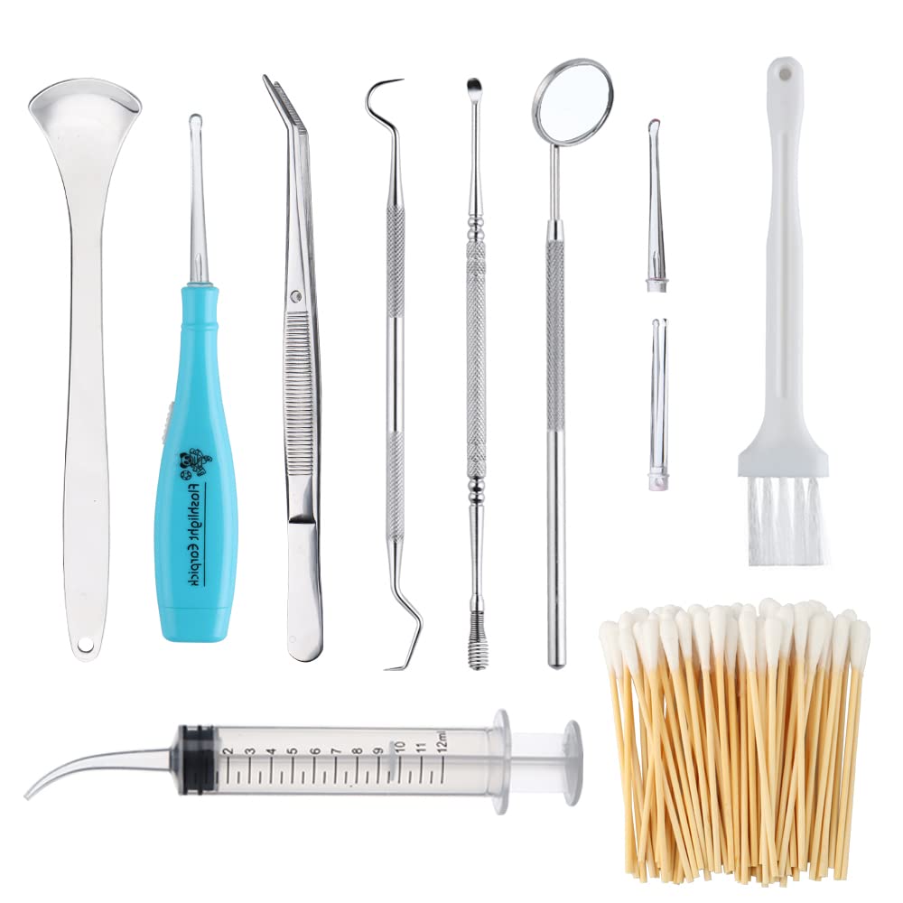 9 Pieces Upgraded Tonsil Stone Removal Set Include Stainless Steel Tonsil Stone Remover Tool Led Light Tongue Cleaner Scraper Tweezer，Cured Syringe for Oral Care (Blue)