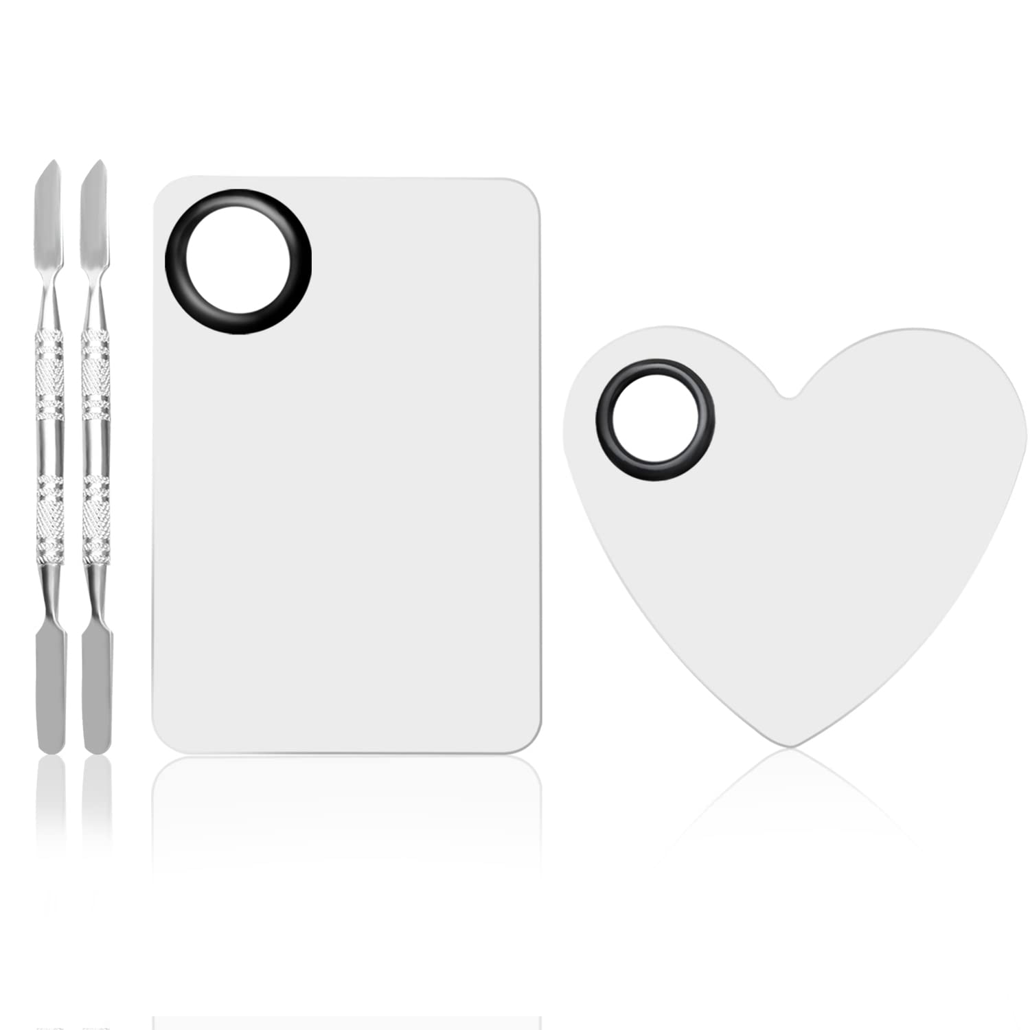 4 in 2 Set Makeup Mixing Palettes, 2 Pcs Stainless Steel Nail Art Palette with 2 Makeup Spatula for Foundation Makeup Tools Eyeshadow Nail Art (4 in 2 Silver Heart Rectangular)