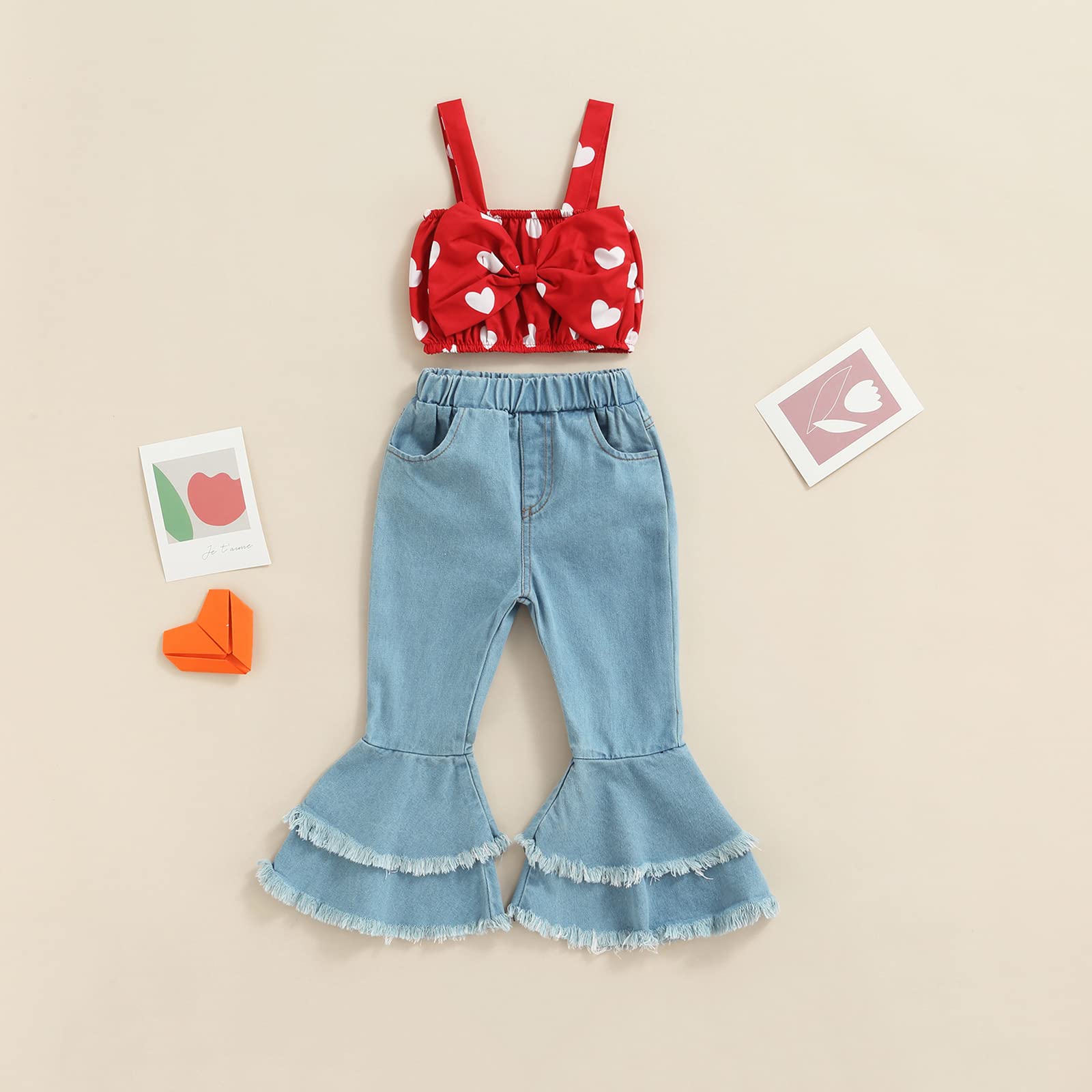 Eadrioss 2PCS Kids Toddler Baby Girls Valentine’s Day Outfits Sleeveless Strap Vest Crop Top Flare Jeans Bell Bottom Pants 18M-6T