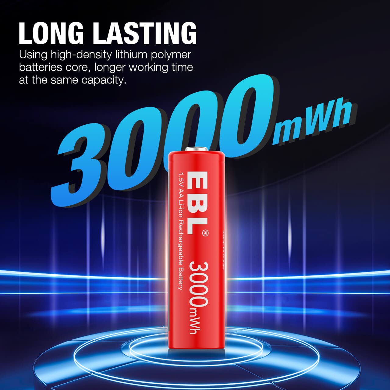 EBL Rechargeable AA Batteries, 4 Pack AA Lithium Batteries 1.5V 3000mWh High Capacity Double A Battery